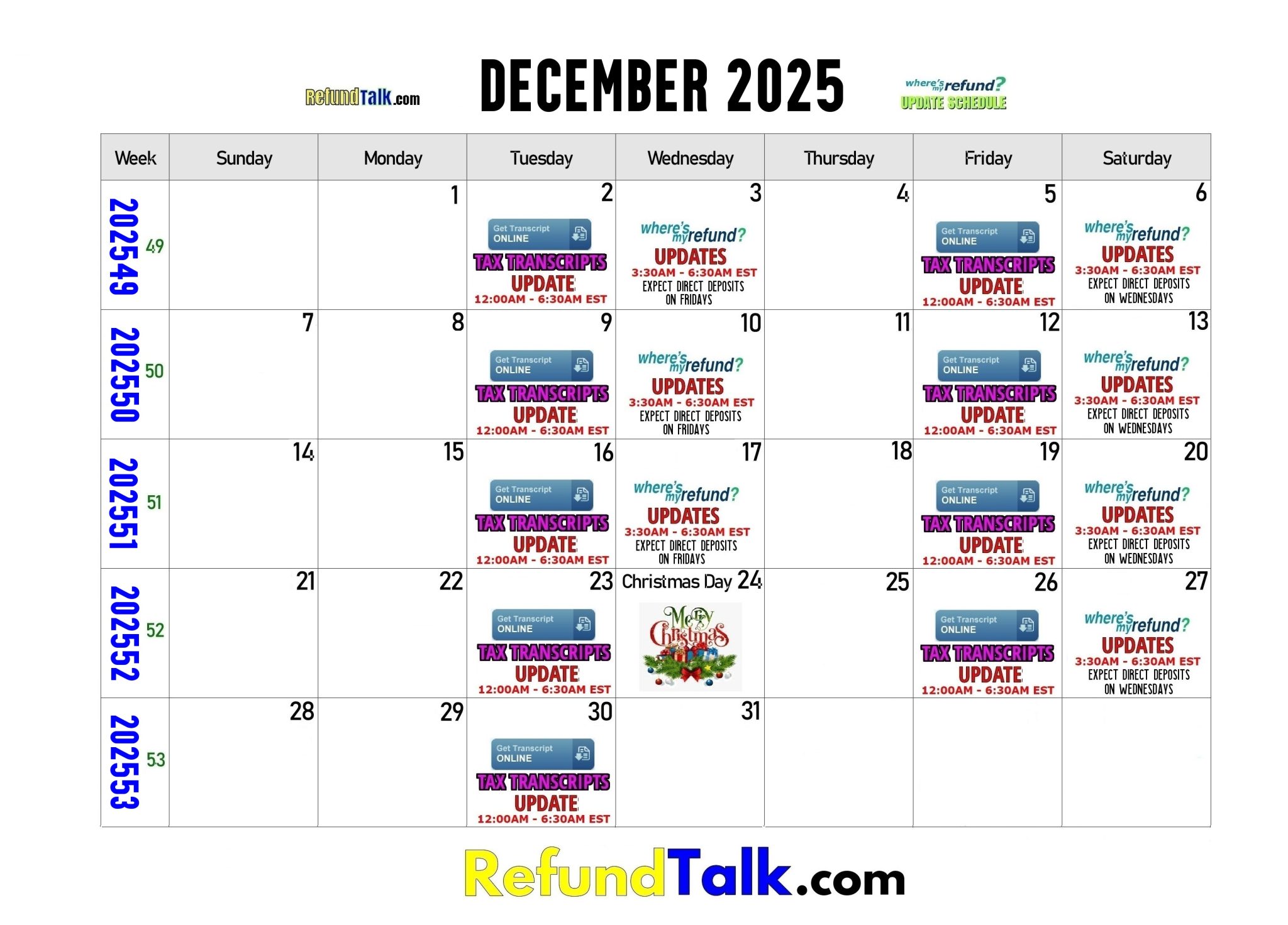 Tax Refund Updates Calendar ⋆ RefundTalk.com