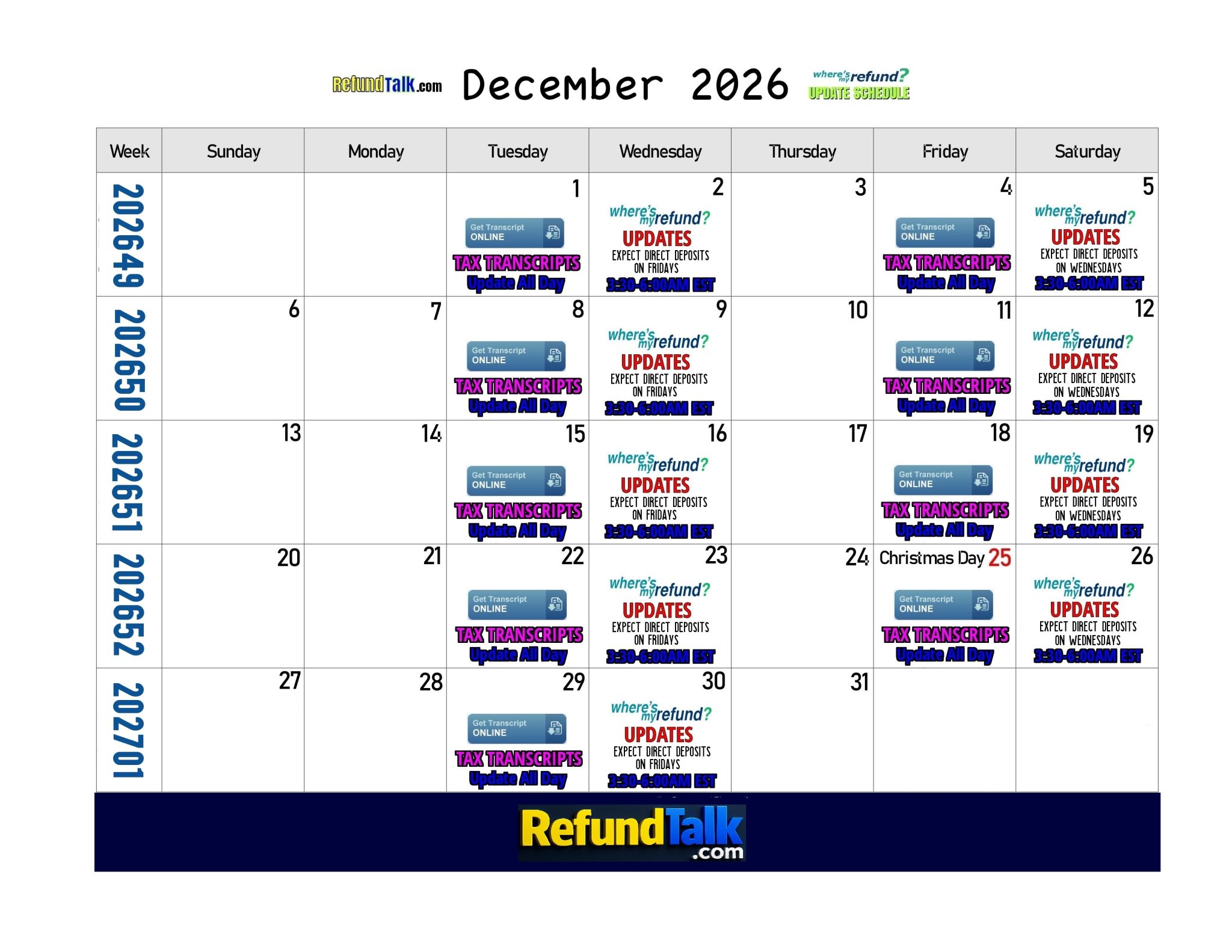 Tax Refund Updates Calendar ⋆ RefundTalk.com