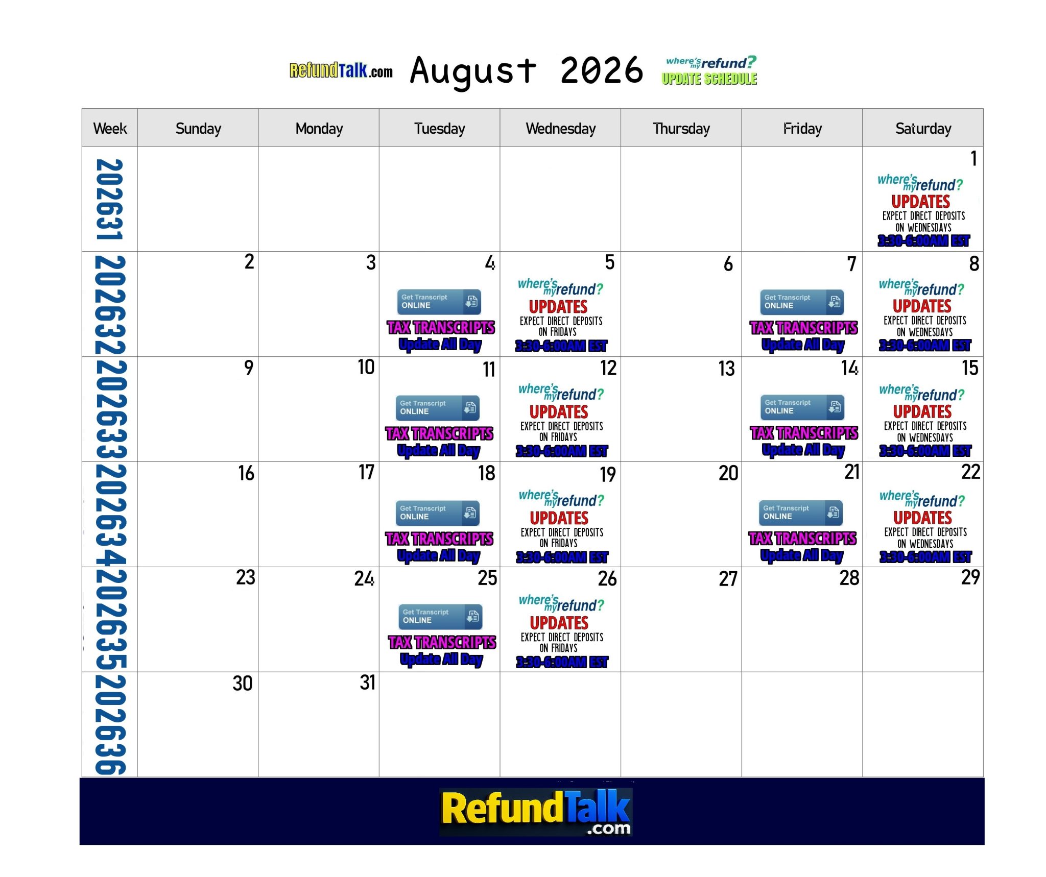 Tax Refund Updates Calendar ⋆ RefundTalk.com